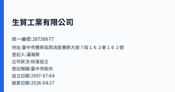 生貿工業有限公司的照片-統編 28738677(臺中市) 公司登記資料與營業項目詳細圖表