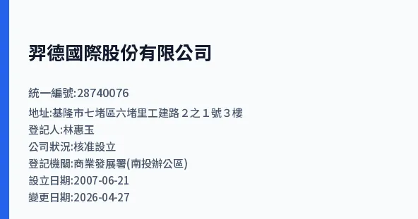 羿德國際股份有限公司的照片-統編 28740076(基隆市) 公司登記資料與營業項目詳細圖表