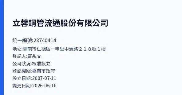 立蓉鋼管流通股份有限公司的照片-統編 28740414(臺南市) 公司登記資料與營業項目詳細圖表