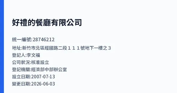 好禮的餐廳有限公司的照片-統編 28746212(新竹市) 公司登記資料與營業項目詳細圖表