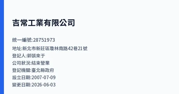 吉常工業有限公司的照片-統編 28751973(新北市) 公司登記資料與營業項目詳細圖表