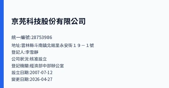 京芫科技股份有限公司的照片-統編 28753986(雲林縣) 公司登記資料與營業項目詳細圖表