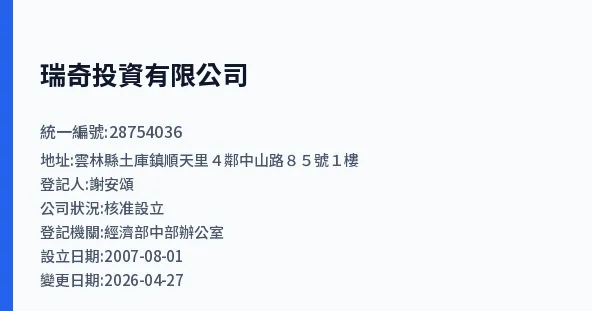 瑞奇投資有限公司的照片-統編 28754036(雲林縣) 公司登記資料與營業項目詳細圖表