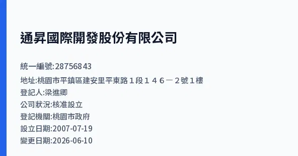 通昇國際開發股份有限公司的照片-統編 28756843(桃園市) 公司登記資料與營業項目詳細圖表