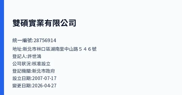 雙碩實業有限公司的照片-統編 28756914(新北市) 公司登記資料與營業項目詳細圖表