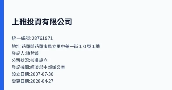 上雅投資有限公司的照片-統編 28761971(花蓮縣) 公司登記資料與營業項目詳細圖表