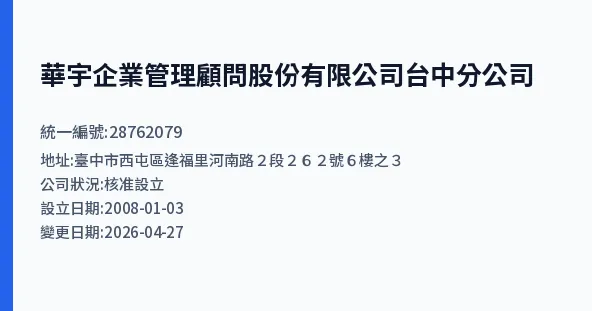 華宇企業管理顧問股份有限公司台中分公司的照片-統編 28762079(臺中市) 公司登記資料與營業項目詳細圖表