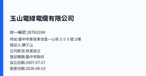 玉山電線電纜有限公司的照片-統編 28763204(臺中市) 公司登記資料與營業項目詳細圖表
