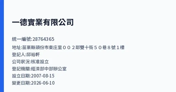 一德實業有限公司的照片-統編 28764365(苗栗縣) 公司登記資料與營業項目詳細圖表