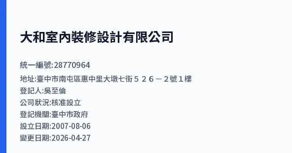 大和室內裝修設計有限公司的照片-統編 28770964(臺中市) 公司登記資料與營業項目詳細圖表