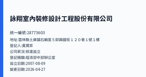 詠翔室內裝修設計工程股份有限公司的照片-統編 28773603(雲林縣) 公司登記資料與營業項目詳細圖表