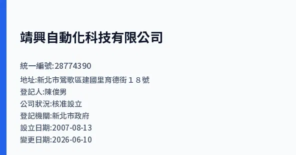 靖興自動化科技有限公司的照片-統編 28774390(新北市) 公司登記資料與營業項目詳細圖表