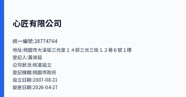 心匠有限公司的照片-統編 28774764(桃園市) 公司登記資料與營業項目詳細圖表