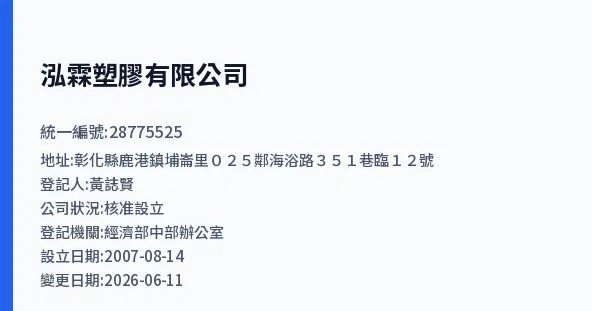 泓霖塑膠有限公司的照片-統編 28775525(彰化縣) 公司登記資料與營業項目詳細圖表