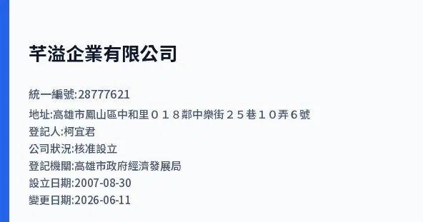 芊溢企業有限公司的照片-統編 28777621(高雄市) 公司登記資料與營業項目詳細圖表