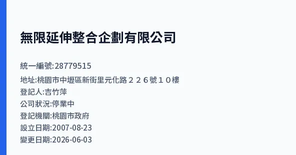 無限延伸整合企劃有限公司的照片-統編 28779515(桃園市) 公司登記資料與營業項目詳細圖表