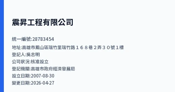 震昇工程有限公司的照片-統編 28783454(高雄市) 公司登記資料與營業項目詳細圖表
