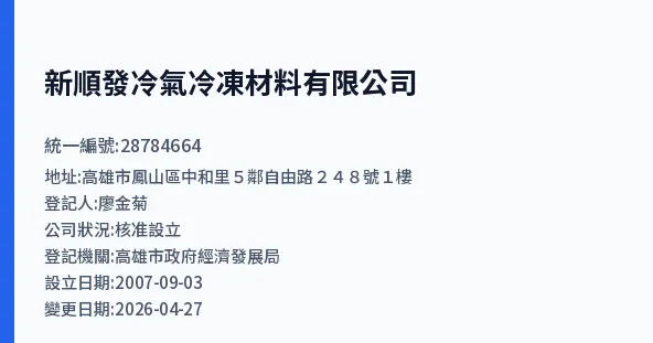 新順發冷氣冷凍材料有限公司的照片-統編 28784664(高雄市) 公司登記資料與營業項目詳細圖表