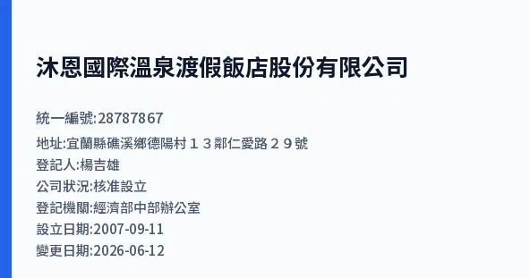 沐恩國際溫泉渡假飯店股份有限公司的照片-統編 28787867(宜蘭縣) 公司登記資料與營業項目詳細圖表