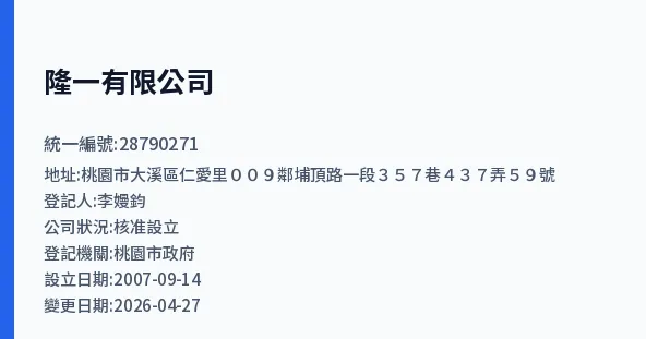 隆一有限公司的照片-統編 28790271(桃園市) 公司登記資料與營業項目詳細圖表