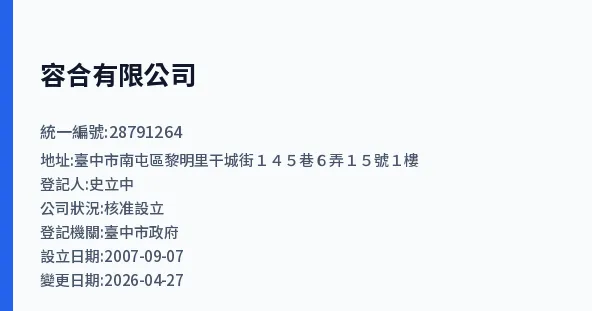 容合有限公司的照片-統編 28791264(臺中市) 公司登記資料與營業項目詳細圖表