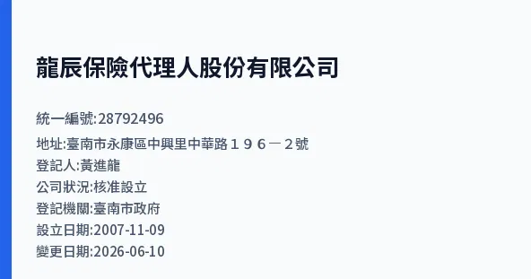 龍辰保險代理人股份有限公司的照片-統編 28792496(臺南市) 公司登記資料與營業項目詳細圖表