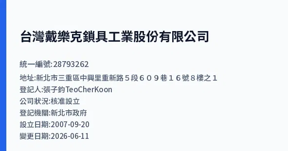 台灣戴樂克鎖具工業股份有限公司的照片-統編 28793262(新北市) 公司登記資料與營業項目詳細圖表