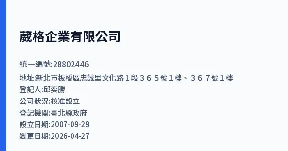 葳格企業有限公司的照片-統編 28802446(新北市) 公司登記資料與營業項目詳細圖表