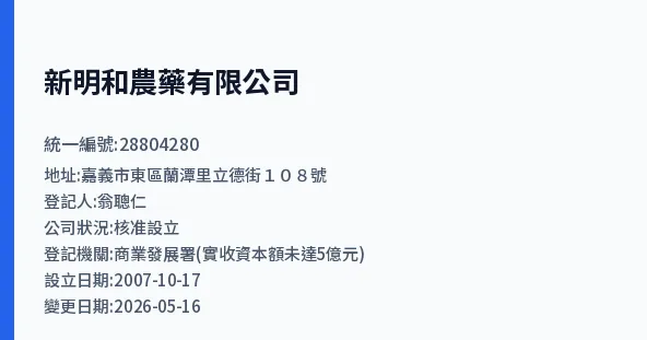 新明和農藥有限公司的照片-統編 28804280(嘉義市) 公司登記資料與營業項目詳細圖表