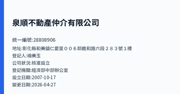 泉順不動產仲介有限公司的照片-統編 28808906(彰化縣) 公司登記資料與營業項目詳細圖表