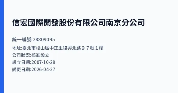 信宏國際開發股份有限公司南京分公司的照片-統編 28809095(臺北市) 公司登記資料與營業項目詳細圖表