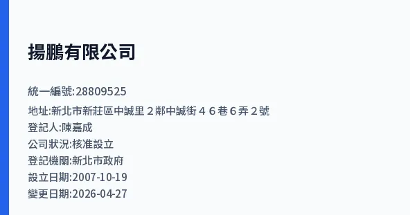 揚鵬有限公司的照片-統編 28809525(新北市) 公司登記資料與營業項目詳細圖表