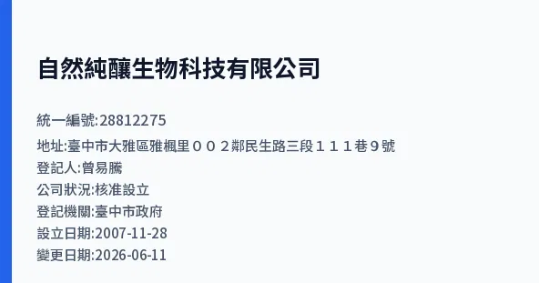 自然純釀生物科技有限公司的照片-統編 28812275(臺中市) 公司登記資料與營業項目詳細圖表
