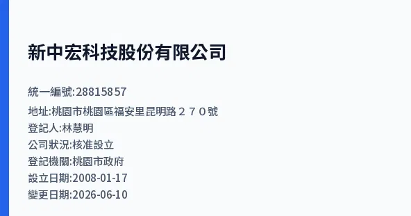 新中宏科技股份有限公司的照片-統編 28815857(桃園市) 公司登記資料與營業項目詳細圖表