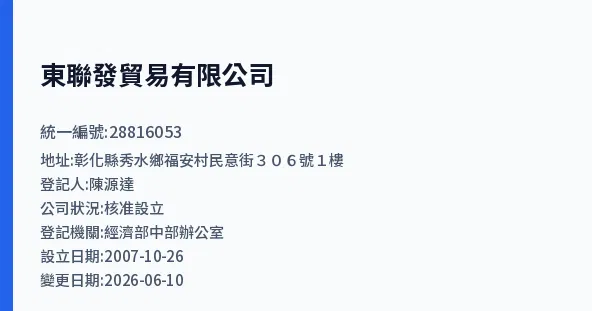 東聯發貿易有限公司的照片-統編 28816053(彰化縣) 公司登記資料與營業項目詳細圖表
