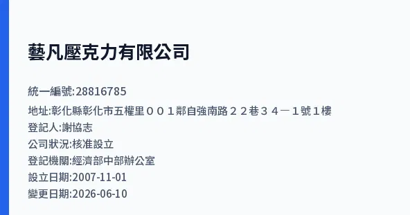 藝凡壓克力有限公司的照片-統編 28816785(彰化縣) 公司登記資料與營業項目詳細圖表