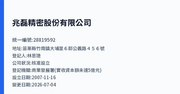 兆磊精密股份有限公司的照片-統編 28819592(苗栗縣) 公司登記資料與營業項目詳細圖表