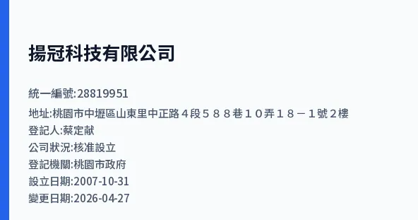 揚冠科技有限公司的照片-統編 28819951(桃園市) 公司登記資料與營業項目詳細圖表