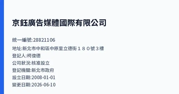 京鈺廣告媒體國際有限公司的照片-統編 28821106(新北市) 公司登記資料與營業項目詳細圖表