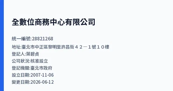 全數位商務中心有限公司的照片-統編 28821268(臺北市) 公司登記資料與營業項目詳細圖表