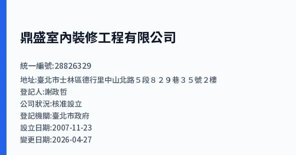 鼎盛室內裝修工程有限公司的照片-統編 28826329(臺北市) 公司登記資料與營業項目詳細圖表