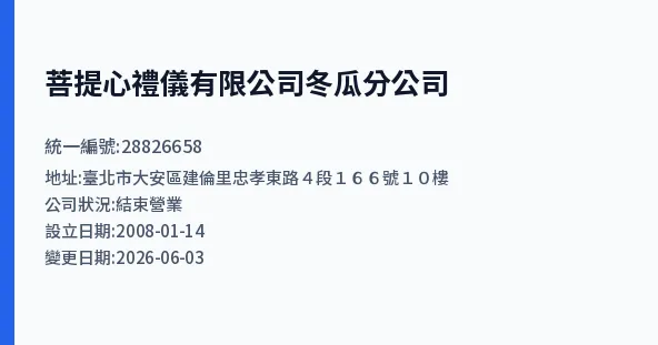 菩提心禮儀有限公司冬瓜分公司的照片-統編 28826658(臺北市) 公司登記資料與營業項目詳細圖表