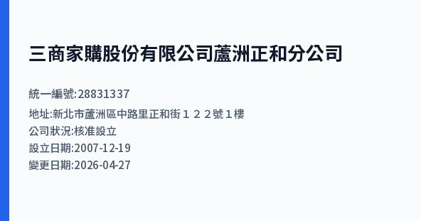 三商家購股份有限公司蘆洲正和分公司的照片-統編 28831337(新北市) 公司登記資料與營業項目詳細圖表
