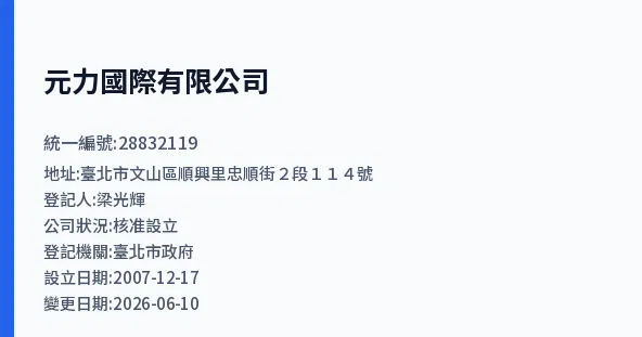 元力國際有限公司的照片-統編 28832119(臺北市) 公司登記資料與營業項目詳細圖表