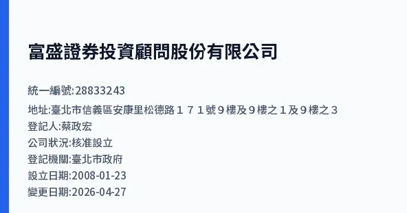 富盛證券投資顧問股份有限公司的照片-統編 28833243(臺北市) 公司登記資料與營業項目詳細圖表