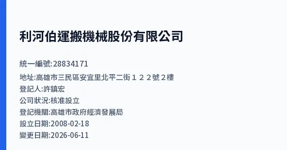 利河伯運搬機械股份有限公司的照片-統編 28834171(高雄市) 公司登記資料與營業項目詳細圖表