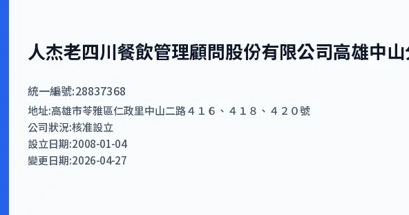 人杰老四川餐飲管理顧問股份有限公司高雄中山分公司的照片-統編 28837368(高雄市) 公司登記資料與營業項目詳細圖表
