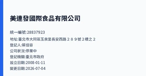 美連發國際食品有限公司的照片-統編 28837923(臺北市) 公司登記資料與營業項目詳細圖表