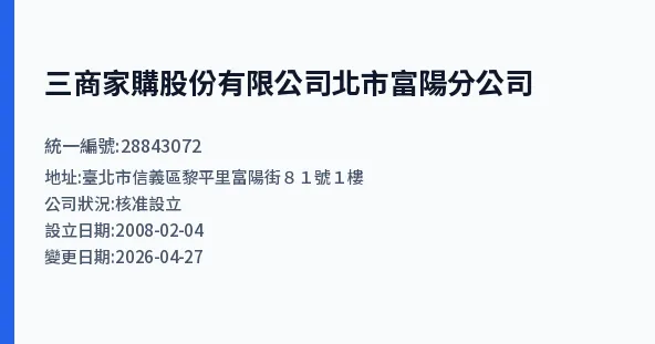 三商家購股份有限公司北市富陽分公司的照片-統編 28843072(臺北市) 公司登記資料與營業項目詳細圖表
