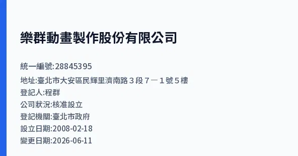 樂群動畫製作股份有限公司的照片-統編 28845395(臺北市) 公司登記資料與營業項目詳細圖表